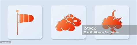 설정 태양과 구름 날씨 콘 기상 윈드 삭 바람 베인과 폭풍 흰색 사각형 버튼입니다 벡터 0명에 대한 스톡 벡터 아트 및 기타 이미지 Istock