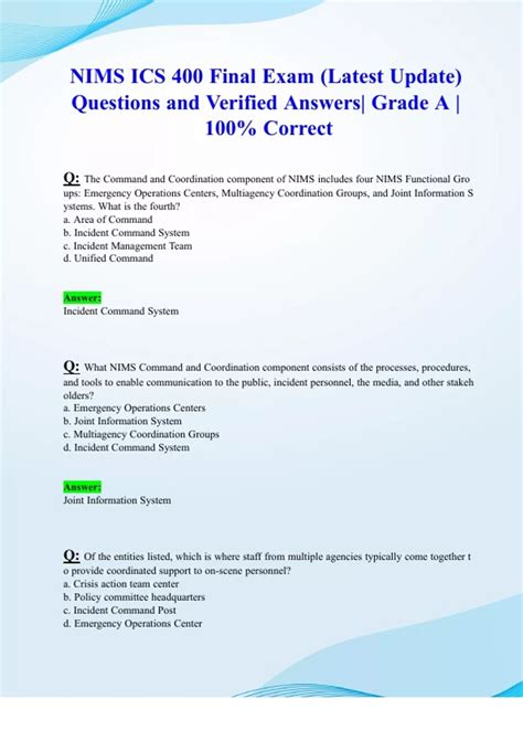 NIMS ICS Final Exam Latest Update Questions And Verified Answers Grade A