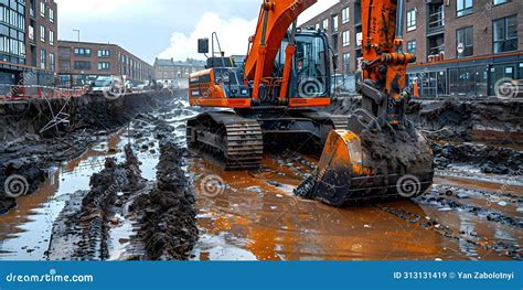 Excavators Digging Up The Ground Around The Building To Install Deeper