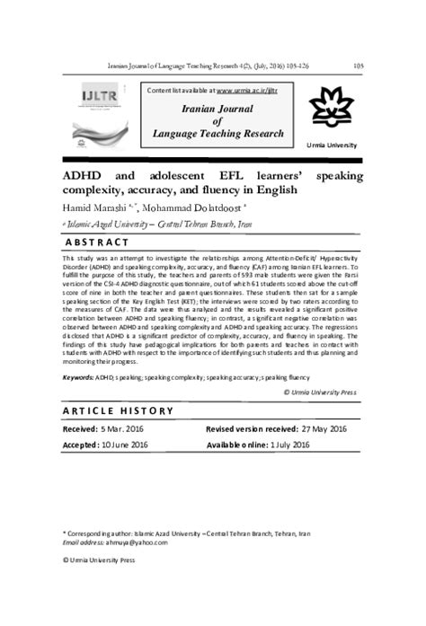 Pdf Adhd And Adolescent Efl Learners Speaking Complexity Accuracy And Fluency In English