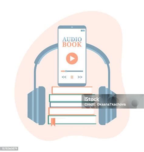 헤드폰 책 더미 화면에 오디오북 앱이 있는 전화기 플랫 벡터 그림 Brand Name Smart Phone에 대한 스톡 벡터 아트 및 기타 이미지 Brand Name