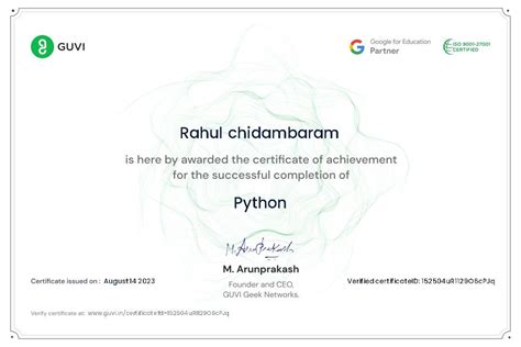 Rahul Chidambaram On Linkedin Pythoncertified Codingjourney Techenthusiast Guvi