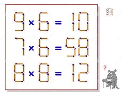 Logic Puzzle Game With Matches In Each Task Move Only 1 Matchstick To Make Equations Correct