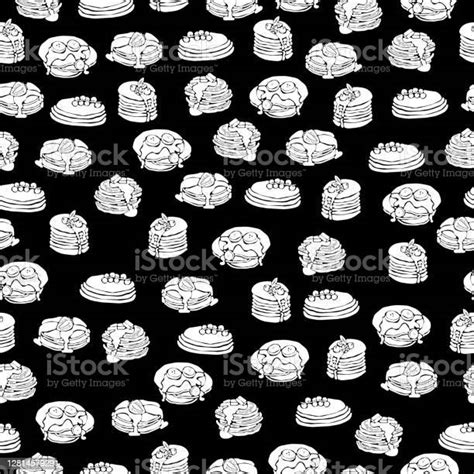 검은 색 배경에 다양한 과일과 소스와 흰색 실루엣 팬케이크의 원활한 패턴 아침 식사를위한 달콤한 팬케이크 크레이프 팬케이크에 대한 스톡 벡터 아트 및 기타 이미지 Istock