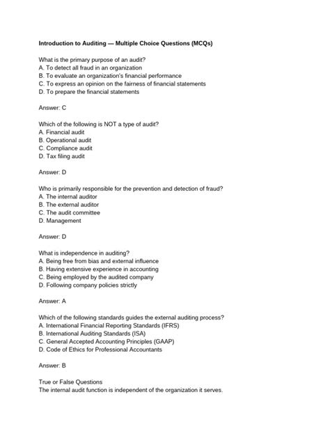 Introduction To Auditing Multiple Choice Questions Mcqs Pdf Audit Accounting