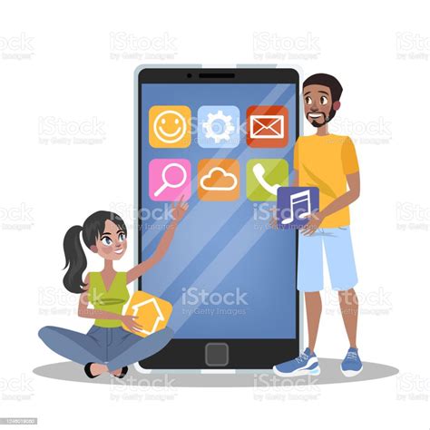 모바일 앱 개발 개념입니다 현대 기술 및 스마트 폰 인터페이스 디자인 가공의 인물에 대한 스톡 벡터 아트 및 기타 이미지 가공의 인물 개념 개발 Istock