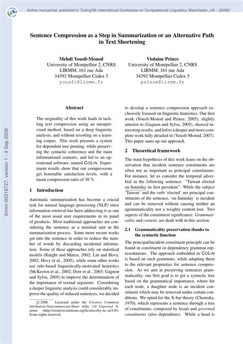 Pdf Sentence Compression As A Step In Summarization Or An Alternative Path In Text Shortening