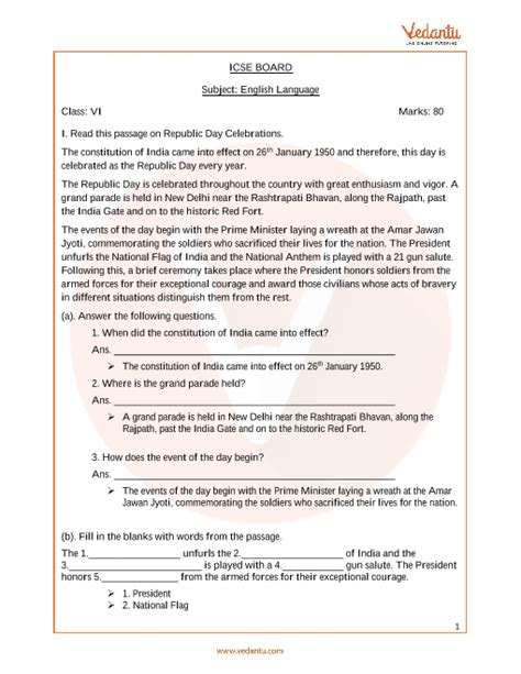 Icse Specimen Papers For Class 6 English Paper 1 2022 2023
