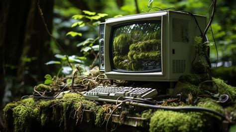 Premium Ai Image There Is A Small Computer Sitting On A Moss Covered Rock Generative Ai