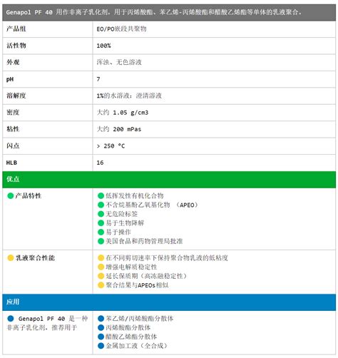 Genapol® Pf 40 非离子乳化剂 科莱恩 上海沐影贸易有限公司