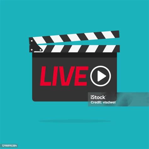 라이브 스트리밍 아이콘 개념 벡터 플랫 만화 일러스트레이션 영화 슬레이트 클래퍼 보드 및 비디오 플레이 버튼에 라이브 텍스트 소셜 네트워킹에 대한 스톡 벡터 아트 및 기타