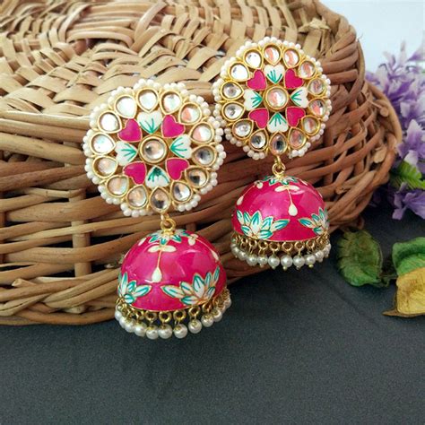 Floral Hand Painted Meenakari Pink Jhumka Earring