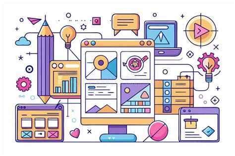 A Vibrant Digital Workspace Showcases The Wireframing Process With Customizable Illustrations