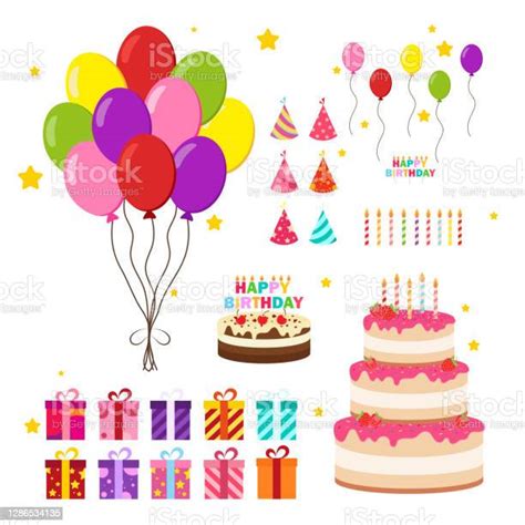 생일 축하 파티 생일 케이크 상자 축하 파티 모자 선물 다색 풍선 생일 촛불 세트 격리 평면 벡터 그래픽 디자인 일러스트 와 아이콘 요소 귀여운에 대한 스톡 벡터 아트 및
