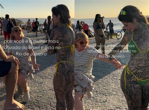 Modelo Mais Tatuada Do Brasil Impressiona Turistas Em Praia Do Rio