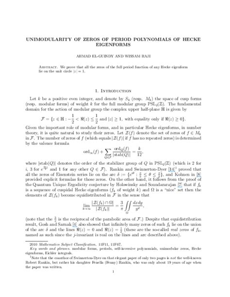 Pdf Unimodularity Of Zeros Of Period Polynomials Of Hecke Eigenforms