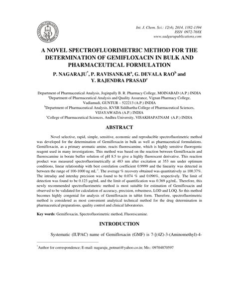 Pdf A Novel Spectrofluorimetric Method For The Determination Of Gemifloxacin In Bulk And