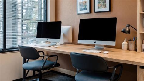 Premium Photo Modern Dual Screen Workstation With Minimalist Design For Productive Spaces