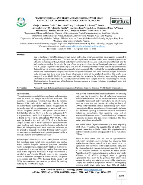 Pdf Physicochemical And Trace Metals Assessment Of Some Packaged Water Sold In Lokoja Kogi