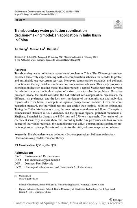 Transboundary Water Pollution Coordination Decision Making Model An Application In Taihu Basin