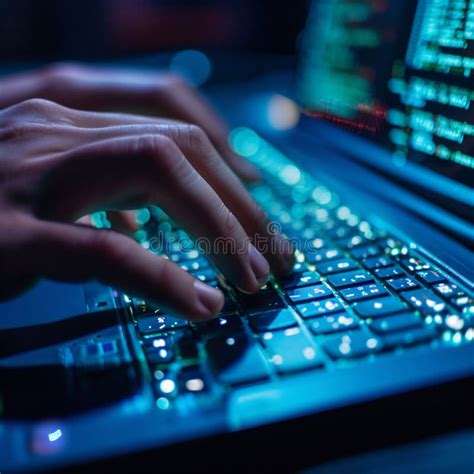 Hands Typing On A Close Up Computer Keyboard With Blurred Lights And A