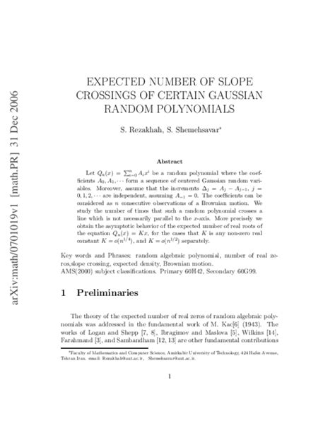 Pdf Expected Number Of Slope Crossings Of Certain Gaussian Random Polynomials