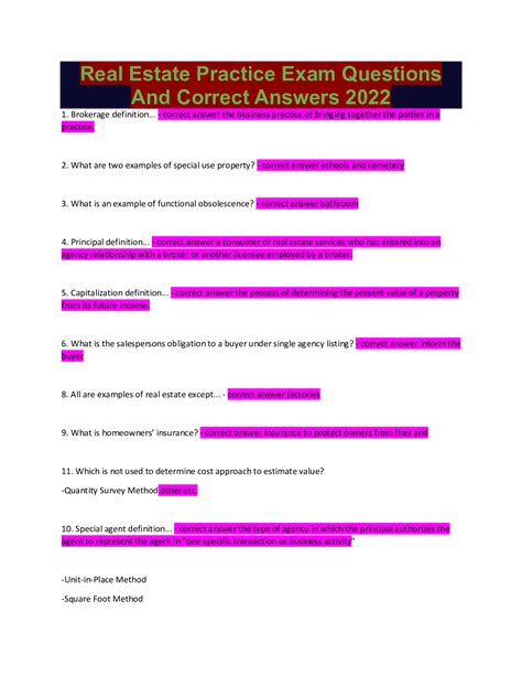 Real Estate Practice Exam Questions And Correct Answers 2022 Browsegrades