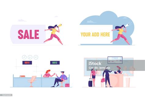 세트 남성 여성 캐릭터 은행 방문 사람들은 은행 운영자와 통신 탑승을위한 공항에서 대기열에 서 의사소통에 대한 스톡 벡터 아트 및 기타 이미지 Istock