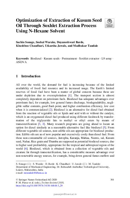 Pdf Optimization Of Extraction Of Kusum Seed Oil Through Soxhlet Extraction Process Using N