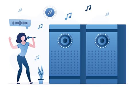 가라오케 시간 여자는 마이크를 손에 들고 노래를 부른다 여성 캐릭터는 노래하고 춤을 춘다 큰 음악 스피커는 큰 소리로 음악을