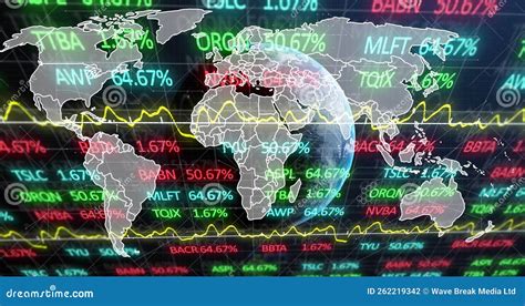 Image Of Stock Market And Data Processing With World Map And Globe On Black Background Editorial