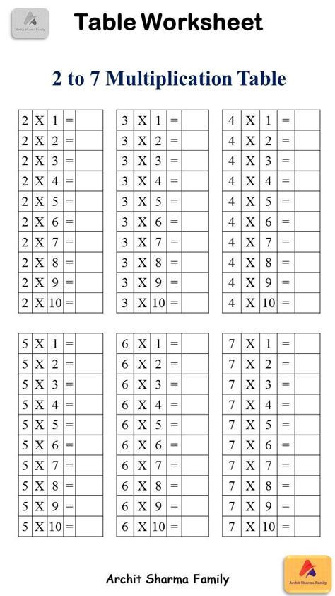 Multiplication Table Worksheet 2 To 7