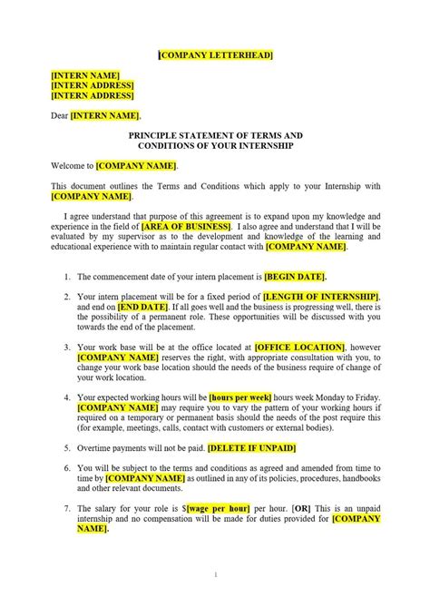 Sample Internship Agreement Template Word