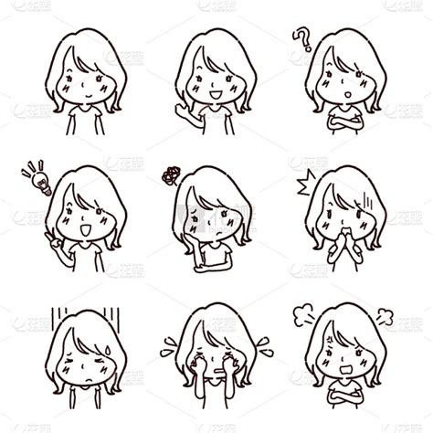 面部表情 青年女人 灵感 波浪发 女人 线条画 欢乐 感叹号 绘画插图 问号素材 花瓣网