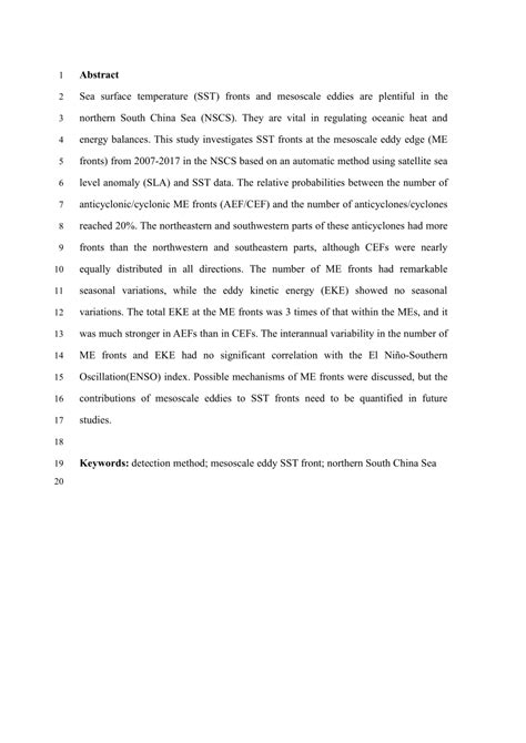 Pdf Variations Of Mesoscale Eddy Sst Fronts Based On An Automatic Detection Method In The