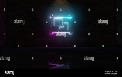 3d Rendering Of Blue Violet Neon Symbol Of Two Joined Images On Dark Brick Wall Background With