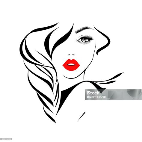 아름다운 섹시한 얼굴 빨간 입술 빨간 매니큐어 손톱 패션 여자 요소 디자인 손톱 스튜디오 곱슬 헤어 스타일 헤어 살롱 기호 아이콘과 손 뷰티 로고 벡터 그림입니다 핸드