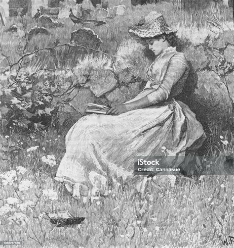 아름 다운 젊은 아가씨의 빅토리아 흑백 판화 그녀의 책을 읽고 묘지 벽에 Leant 19 세기 문학과 아름다움 떨림을 1888 고풍스런에 대한 스톡 벡터 아트 및 기타