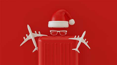 빨간 배경에 가방 수하물 비행기와 산타 모자크리스마스 여행 휴가 개념 0명에 대한 스톡 사진 및 기타 이미지 0명 3차원 형태 Bon Voyage Istock