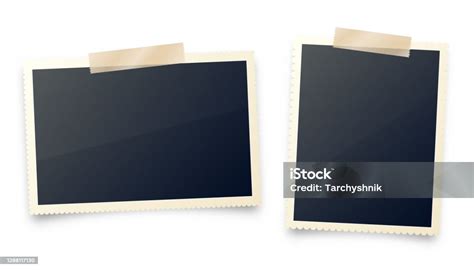 사실적인 빈 사진 카드 프레임 필름 세트 접착제 테이프가 있는 복고풍 빈티지 사진 디지털 스냅샷 이미지 디자인에 대한 템플릿 또는 모형 벡터 일러스트레이션 액자에 대한 스톡