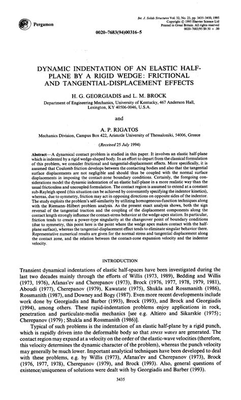 Pdf Dynamic Indentation Of An Elastic Half Plane By A Rigid Wedge