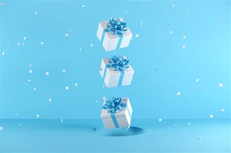 파란색 배경에 떠있는 파란색 리본 색상이있는 흰색 선물 상자 최소한의 크리스마스 새해 개념입니다 3d 렌더링 0명에 대한 스톡 사진 및 기타 이미지 Istock