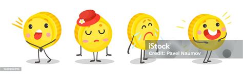 귀여운 재미 동전 다양한 감정 벡터 세트를 보여주는 인간화 된 캐릭터 감정에 대한 스톡 벡터 아트 및 기타 이미지 감정 개념 경제 Istock