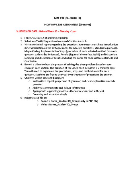 Lab Assignment Mat 491 Mat 491 Calculus Iii Individual Lab