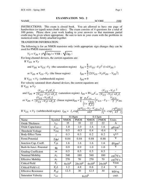 Exam 1 Version G Solved Digital Integrated Circuits Ece 4420 Docsity