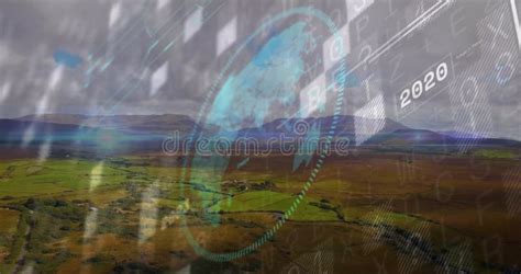 3d Render Globe Overlaying Aerial Farm Landscape Showing Streaming Code Panels And 2014 Date