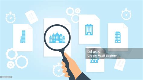 건물 호텔 파일 문서 연구 벡터 그림 검색 아이콘으로 문서작성합니다 파일 및 돋보기 분석 연구 기호입니다 벡터 일러스트레이션 0명에 대한 스톡 벡터 아트 및 기타 이미지