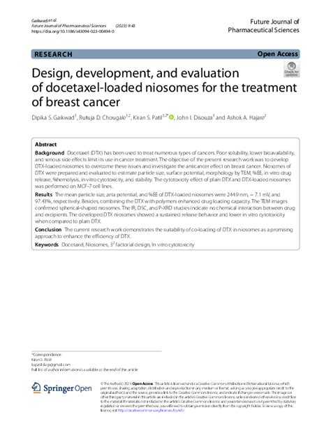 Pdf Design Development And Evaluation Of Docetaxel Loaded Niosomes For The Treatment Of