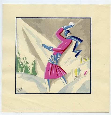 1930s French Pochoir Print Art Deco Flapper Winter Time Snow Battle