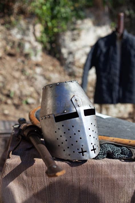 Close up of a Medieval Knightâs Helmet with a Nasal Guard Stock Image